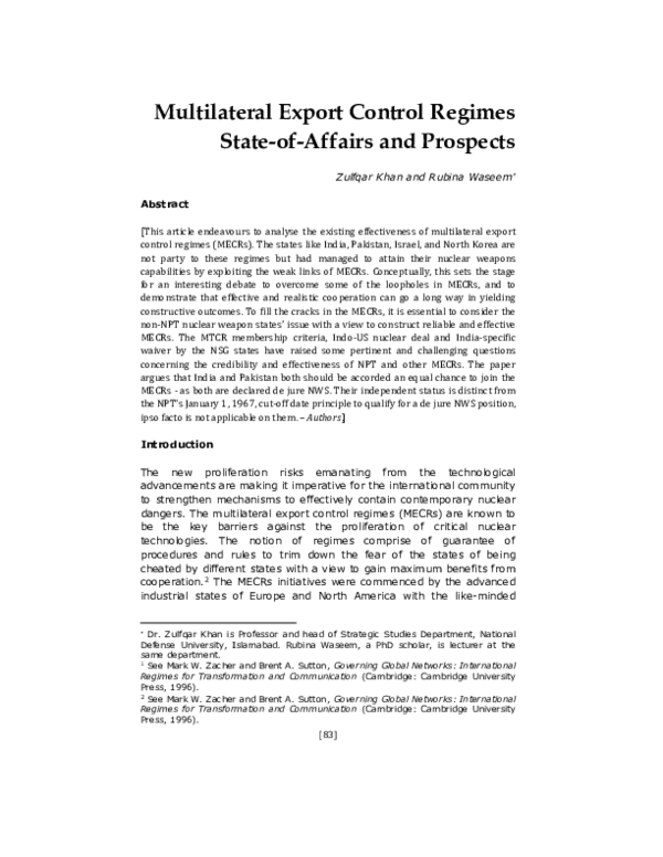 (PDF) Multilateral Export Control Regimes State-of-Affairs and ...