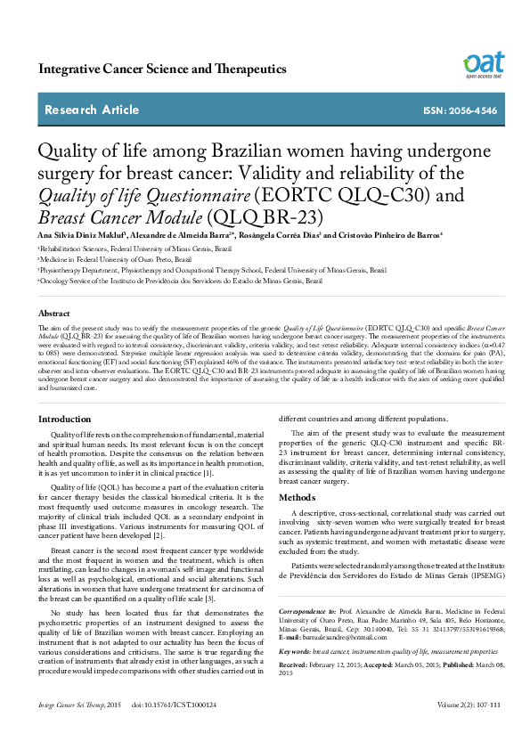 (PDF) Quality of life among Brazilian women having undergone surgery ...