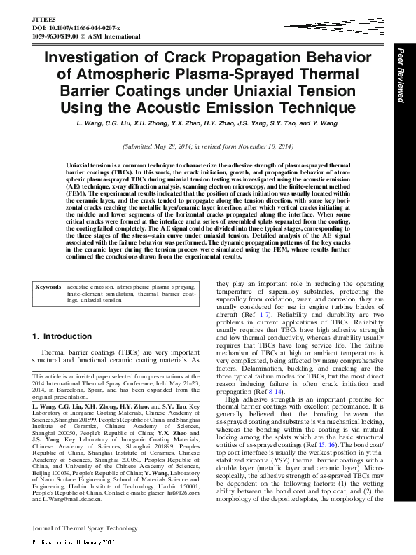 (PDF) Investigation of Crack Propagation Behavior of Atmospheric Plasma-Sprayed Thermal Barrier ...