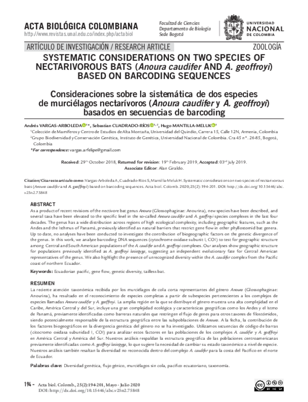 (PDF) Systematic considerations on two species of nectarivorous bats (Anoura caudifer and A ...