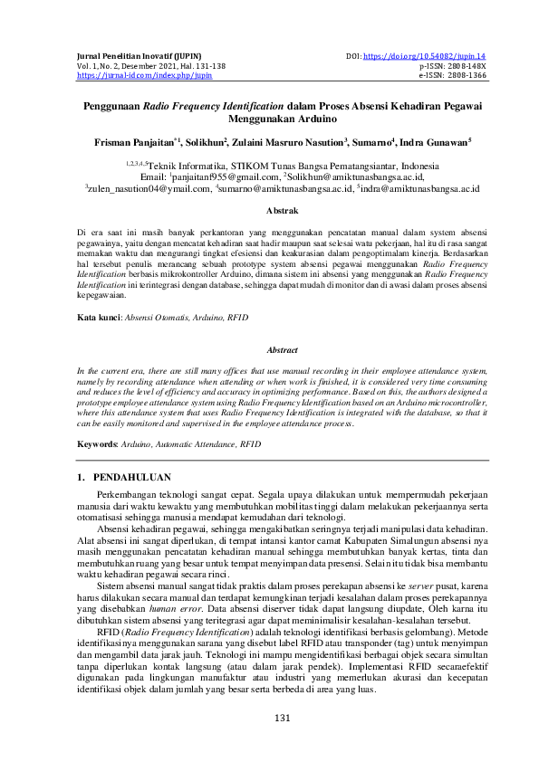 Penggunaan Radio Frequency Identification dalam Proses Absensi Kehadiran Pegawai Menggunakan Arduino