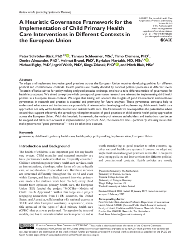 (PDF) A Heuristic Governance Framework for the Implementation of Child Primary Health Care ...