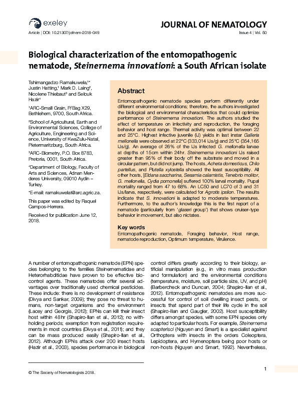 (PDF) Biological characterization of the entomopathogenic nematode, Steinernema innovationi: a ...