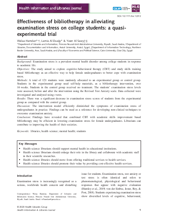 (PDF) Effectiveness of bibliotherapy in alleviating examination stress on college students: a ...