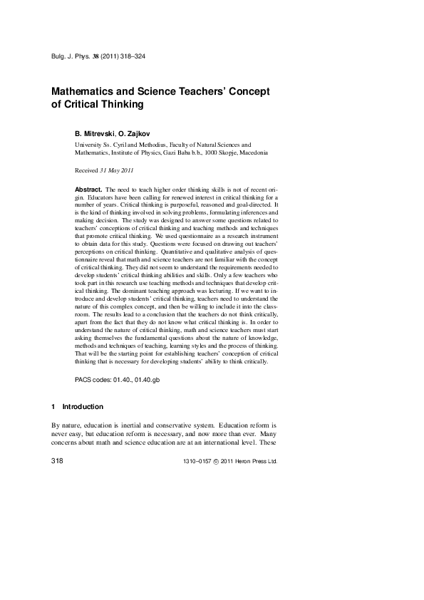 (PDF) Mathematics and Science Teachers' Concept of Critical Thinking