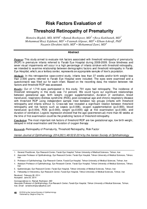 (PDF) Risk Factors Evaluation of Threshold Retinopathy of Prematurity