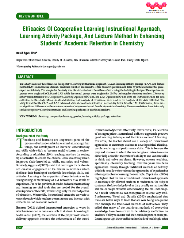 (PDF) Efficacies Of Cooperative Learning Instructional Approach, Learning Activity Package, And ...