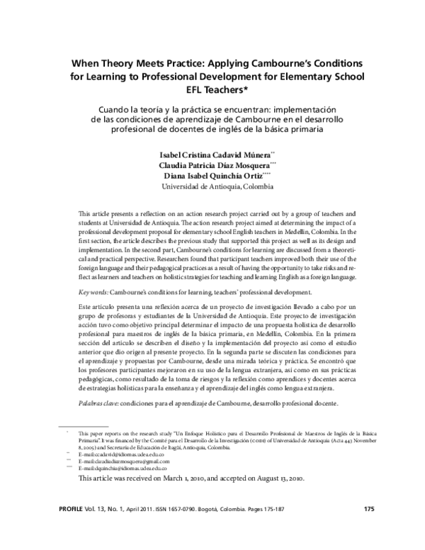 (PDF) When Theory Meets Practice: Applying Cambourne's Conditions for ...