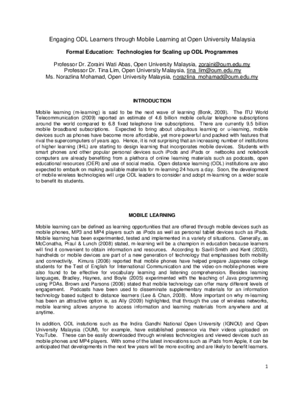 (PDF) Engaging ODL Learners through Mobile Learning at Open University Malaysia