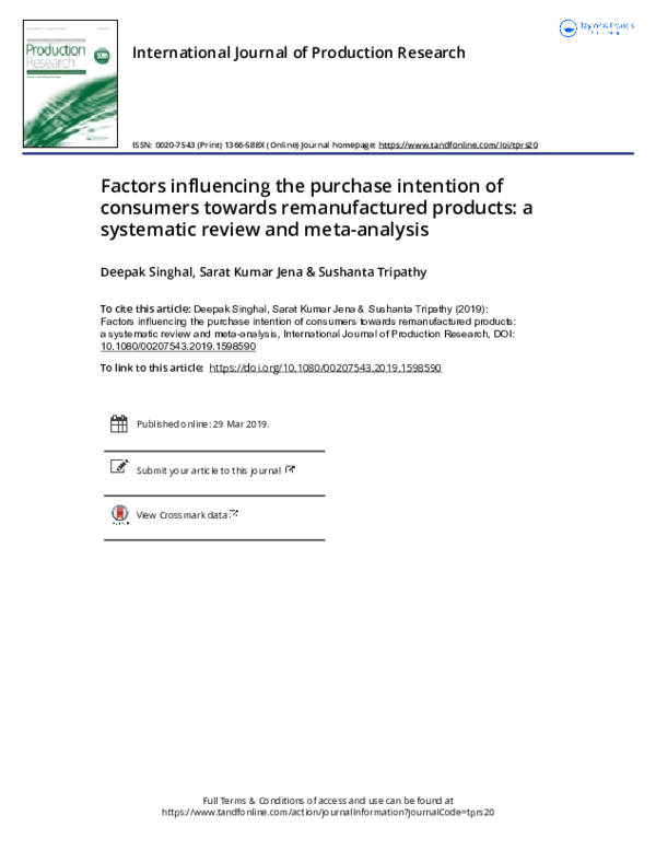 (PDF) Factors influencing the purchase intention of consumers towards remanufactured products: a ...