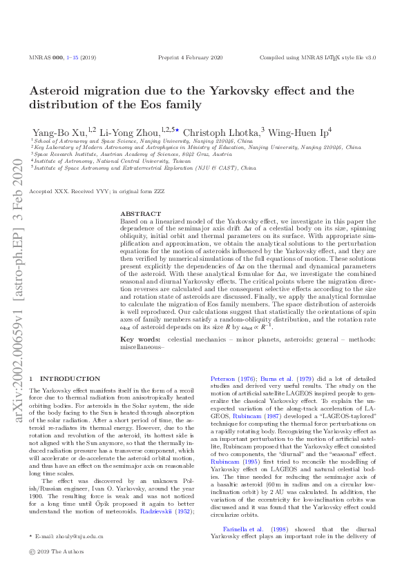 (PDF) Asteroid migration due to the Yarkovsky effect and the distribution of the Eos family ...