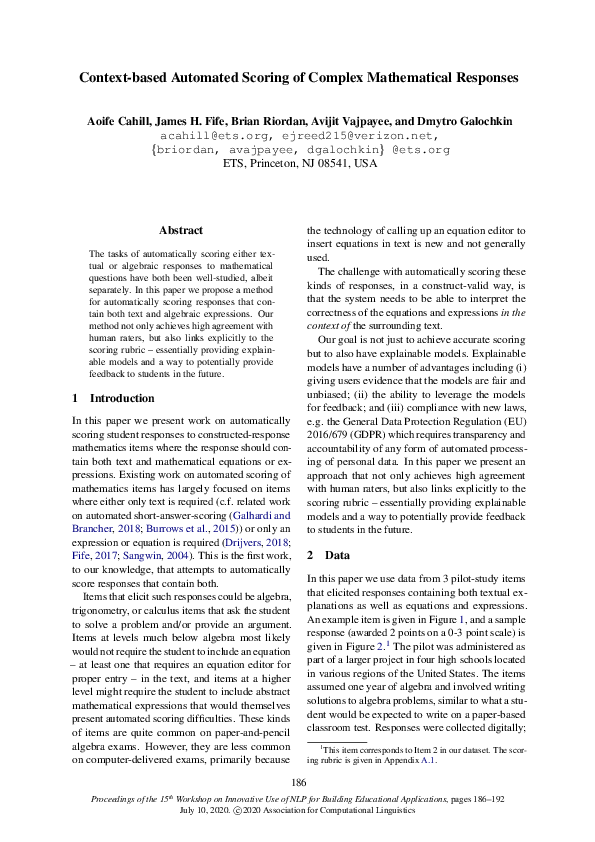 (PDF) Context-based Automated Scoring of Complex Mathematical Responses