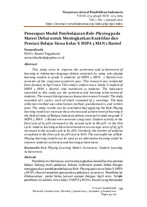 (PDF) Penerapan Model Pembelajaran Role Playing pada Materi Debat untuk Meningkatkan Keaktifan ...