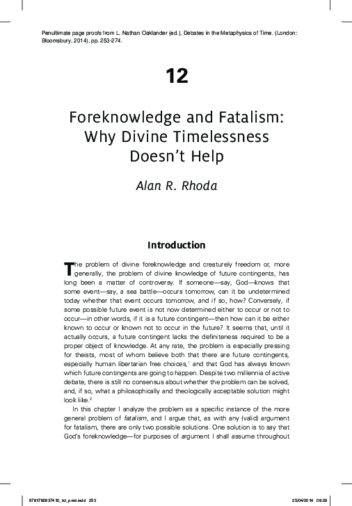 (PDF) Foreknowledge and Fatalism: Why Divine Timelessness Doesn’t Help