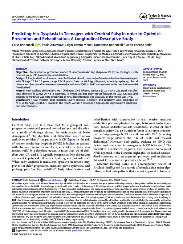 Pdf Predicting Hip Dysplasia In Teenagers With Cerebral Palsy In Order To Optimize Prevention