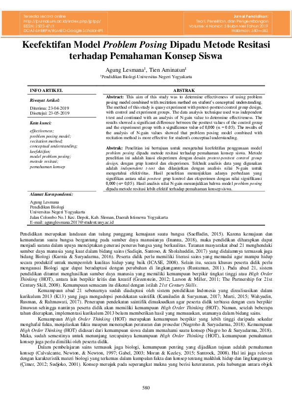 (PDF) Keefektifan Model Problem Posing Dipadu Metode Resitasi terhadap Pemahaman Konsep Siswa