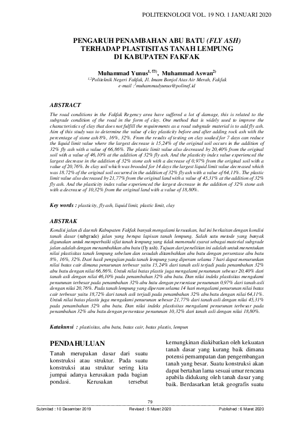 (PDF) Pengaruh Penambahan Abu Batu (Fly Ash) Terhadap Plastisitas Tanah Lempung Di Kabupaten ...