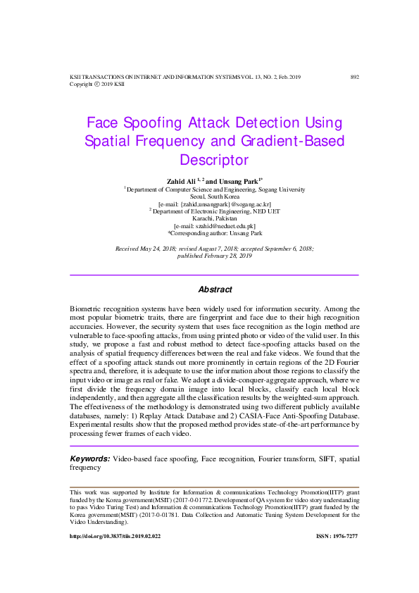 (PDF) Face Spoofing Attack Detection Using Spatial Frequency and Gradient-Based Descriptor