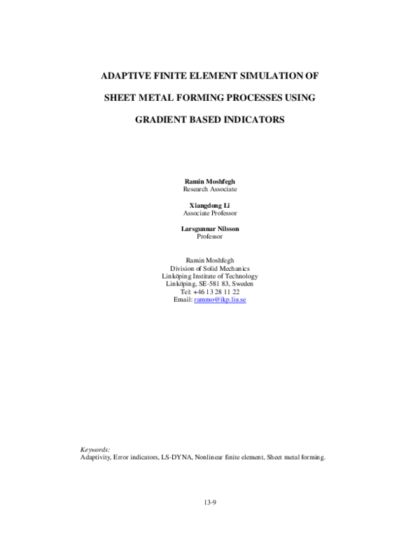 Pdf Adaptive Finite Element Simulation Of Sheet Metal Forming Process Using Gradient Based