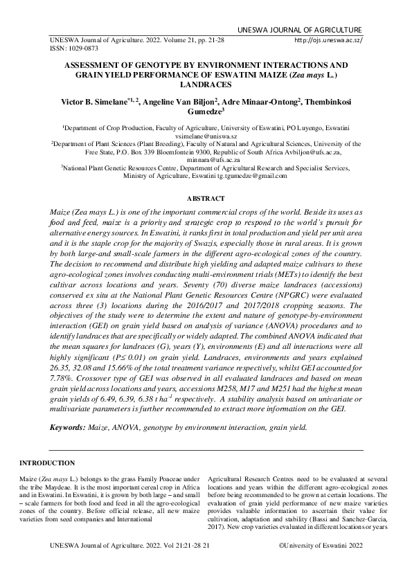 (PDF) ASSESSMENT OF GENOTYPE BY ENVIRONMENT INTERACTIONS AND GRAIN YIELD PERFORMANCE OF ESWATINI ...