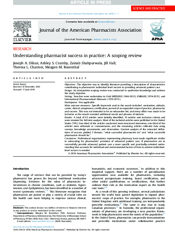 (PDF) Understanding pharmacist success in practice: A scoping review
