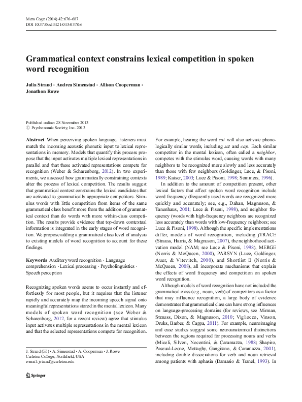 (PDF) Grammatical context constrains lexical competition in spoken word ...