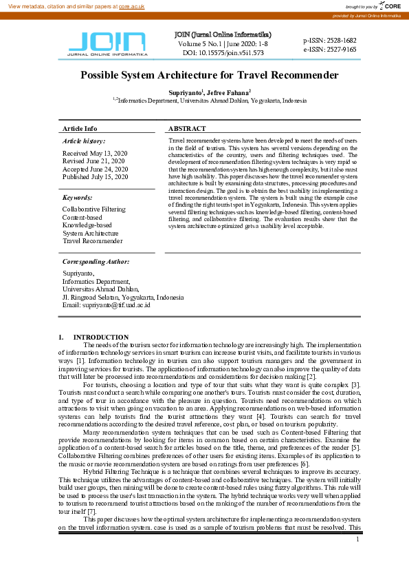 (PDF) Possible System Architecture for Travel Recommender