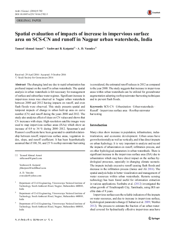 (PDF) Spatial evaluation of impacts of increase in impervious surface ...