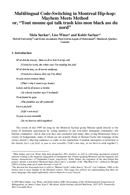 Pdf Multilingual Code Switching In Montreal Hip Hop Mayhem Meets Method