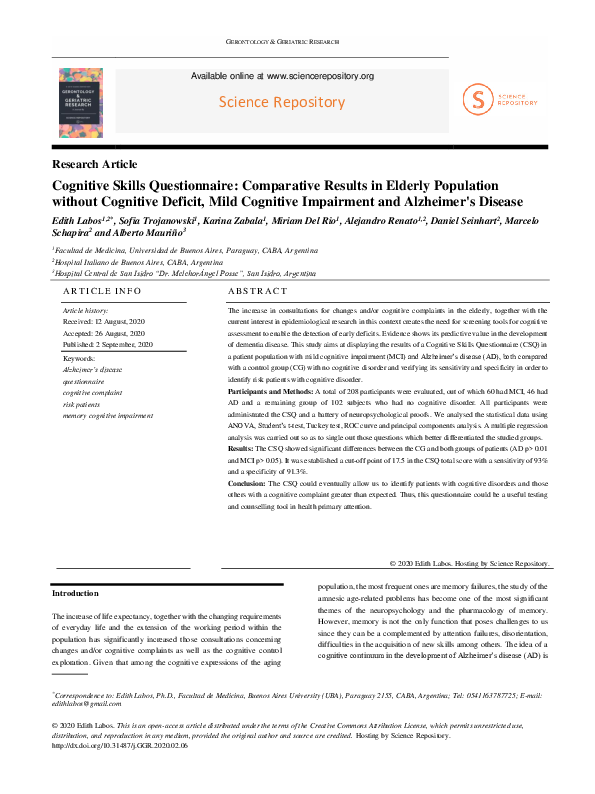 (PDF) Cognitive Skills Questionnaire: Comparative Results in Elderly ...