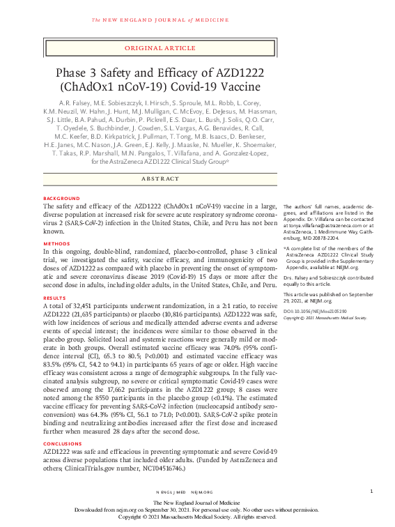 (PDF) Phase 3 Safety and Efficacy of AZD1222 (ChAdOx1 nCoV-19) Covid-19 Vaccine