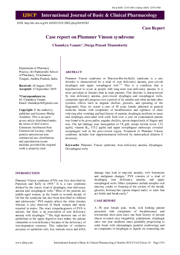 (PDF) Case Report on Plummer-Vinson Syndrome