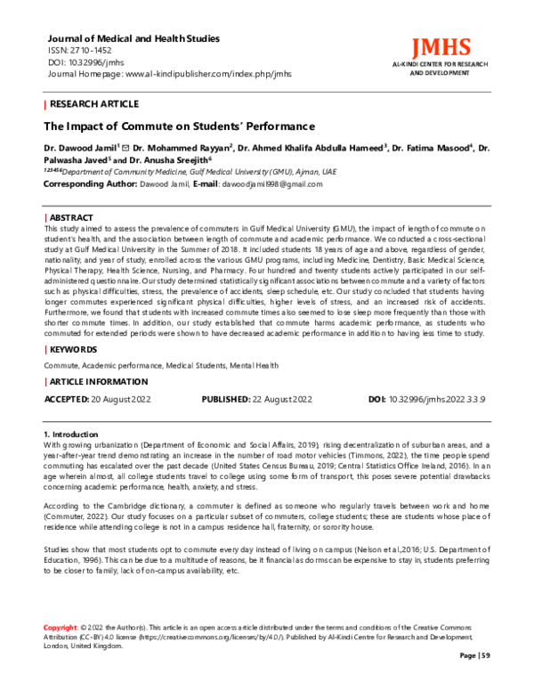 (PDF) The Impact of Commute on Students’ Performance | Dawood Jamil ...