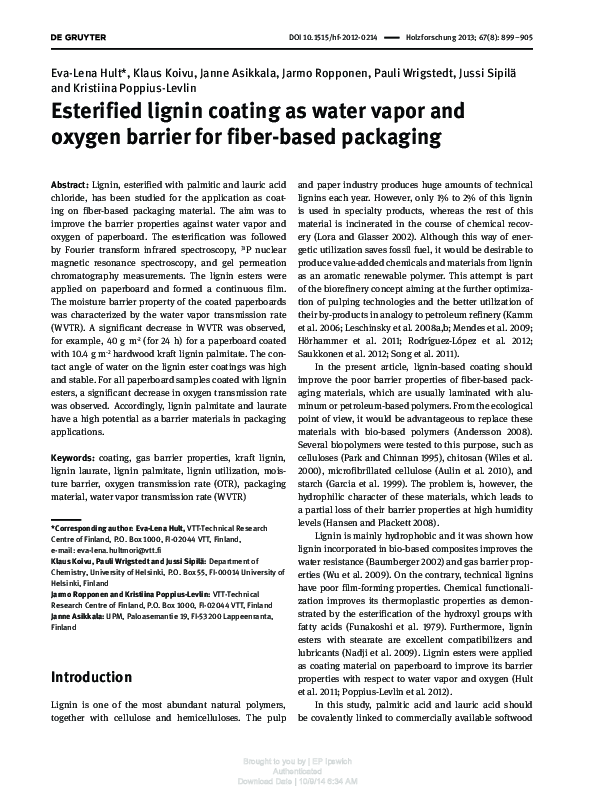 (PDF) Esterified lignin coating as water vapor and oxygen barrier for ...