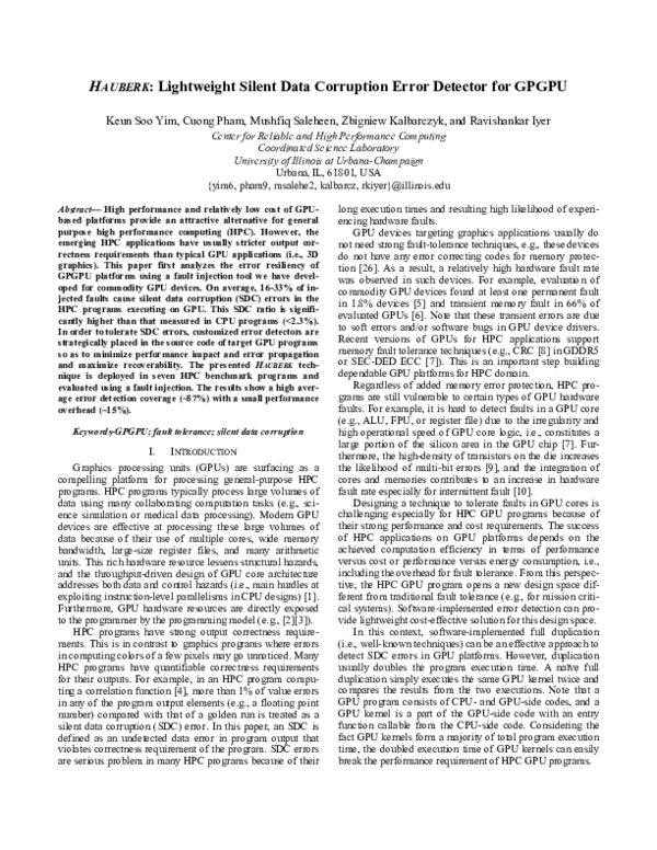 (PDF) Hauberk: Lightweight Silent Data Corruption Error Detector for GPGPU
