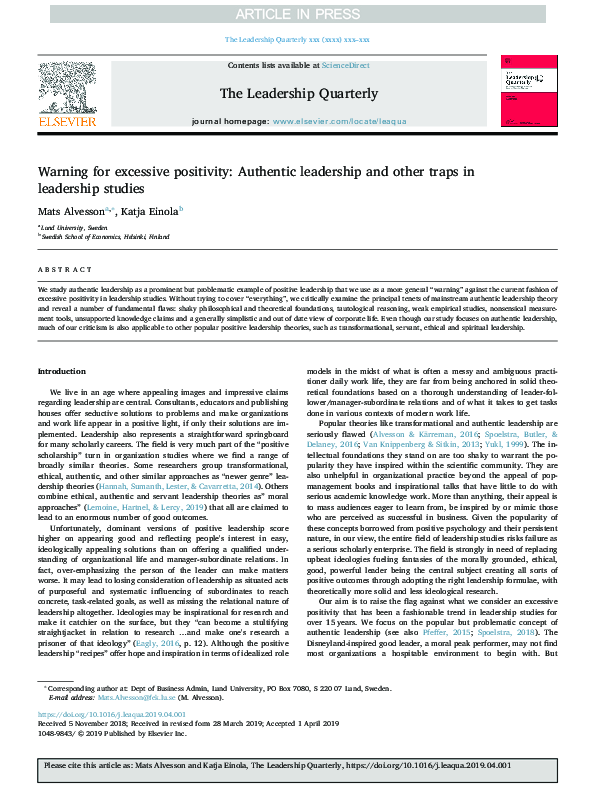 (PDF) Warning for excessive positivity: Authentic leadership and other ...