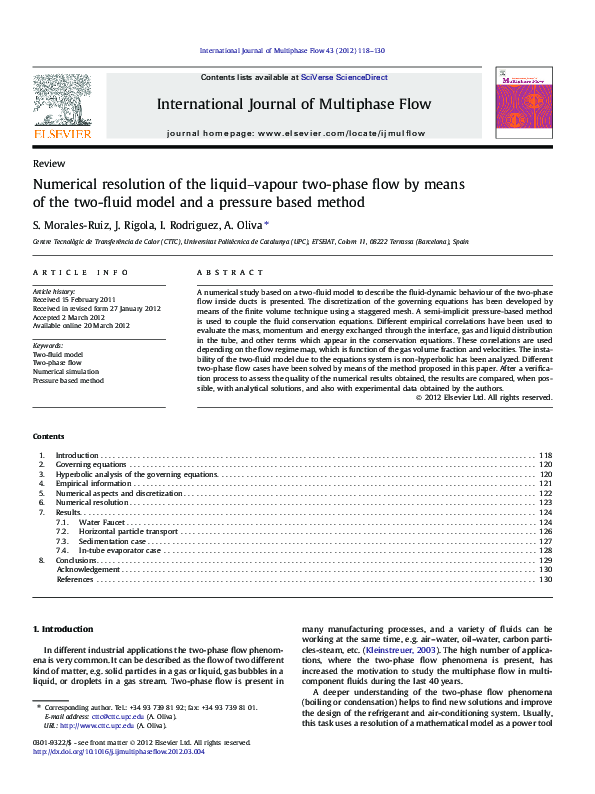 (PDF) Numerical resolution of the liquid-vapour two-phase flow by means of the two-fluid model ...