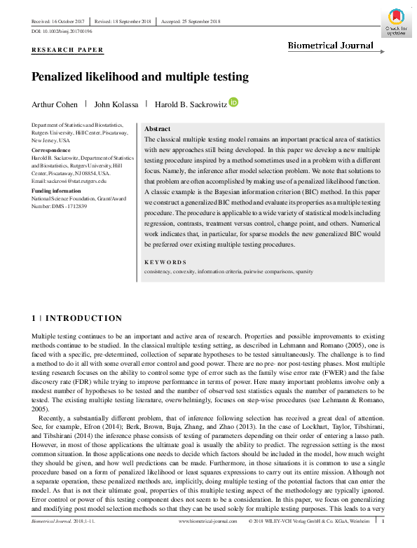 (PDF) Penalized likelihood and multiple testing