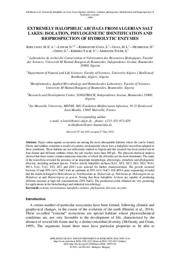 (PDF) Extremely Halophilic Archaea from Algerian Salt Lakes: Isolation, Phylogenetic ...