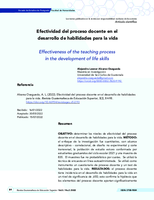 (PDF) Efectividad del proceso docente en el desarrollo de habilidades para la vida
