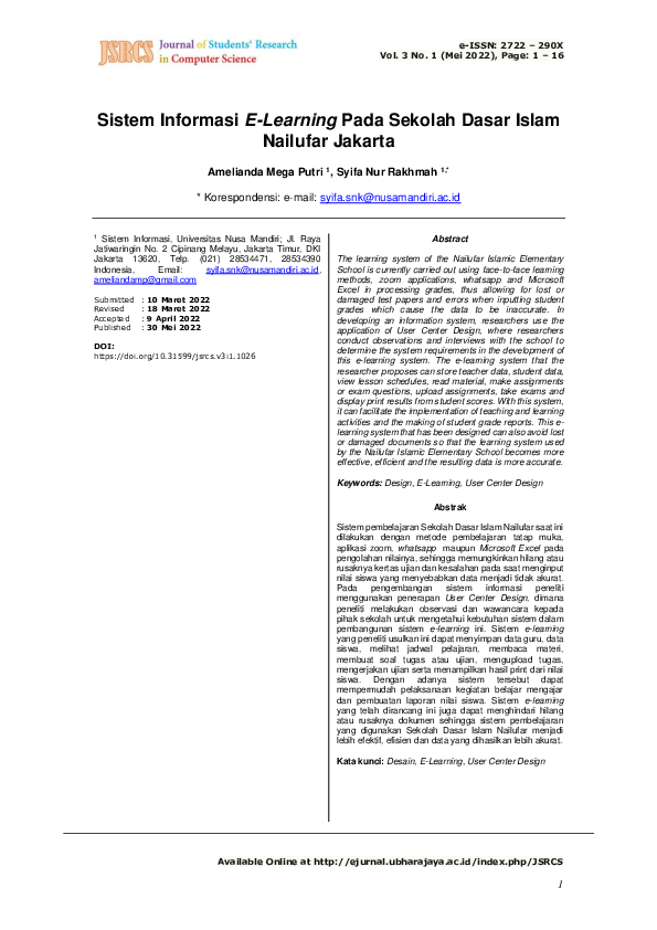 (PDF) Sistem Informasi E-Learning Pada Sekolah Dasar Islam Nailufar Jakarta