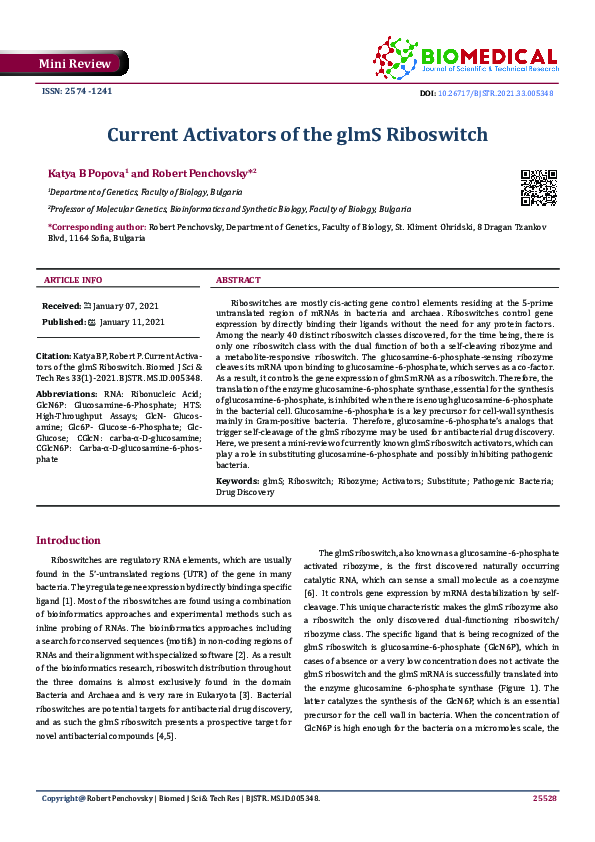(PDF) Current Activators of the glmS Riboswitch | Robert Penchovsky ...