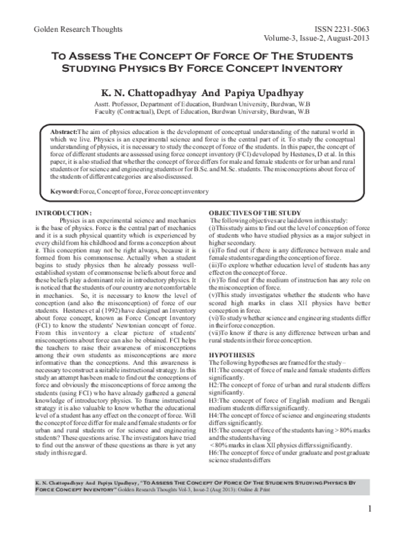 (PDF) To Assess The Concept Of Force Of The Students Studying Physics By Force Concept Inventory ...