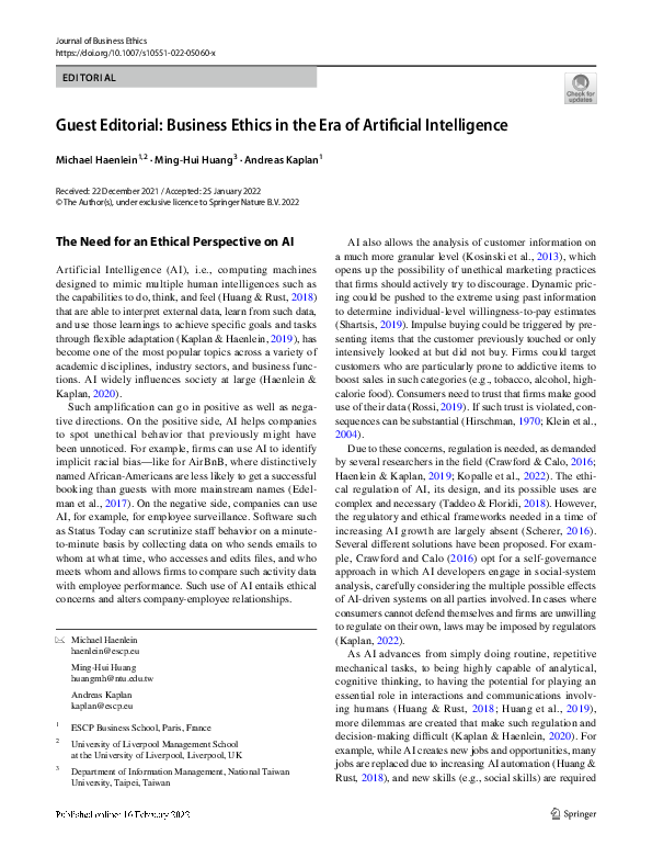 (PDF) Guest Editorial: Business Ethics in the Era of Artificial ...