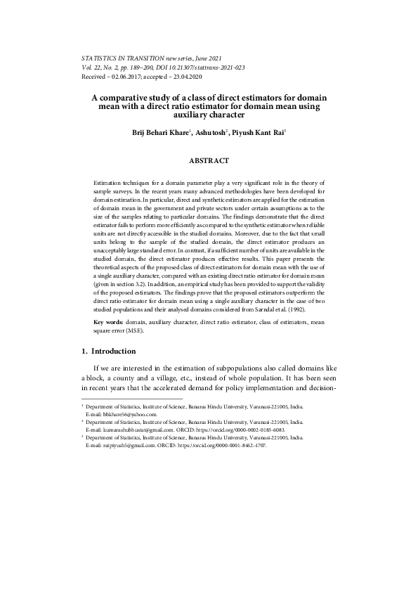 (PDF) A comparative study of a class of direct estimators for domain mean with a direct ratio ...