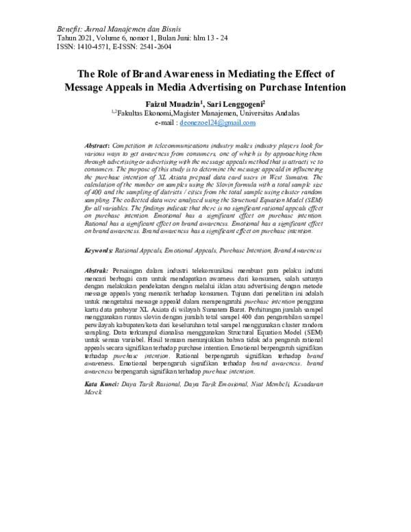 (PDF) The Role of Brand Awareness in Mediating the Effect of Message Appeals in Media ...