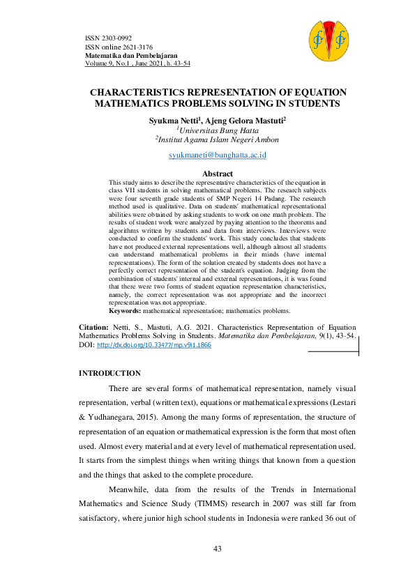 (PDF) Characteristics Representation of Equation Mathematics Problems Solving in Students