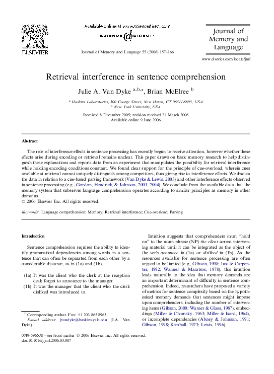 (PDF) Retrieval interference in sentence comprehension
