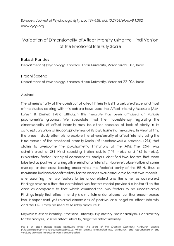 (PDF) Validation of Dimensionality of Affect Intensity using the Hindi ...
