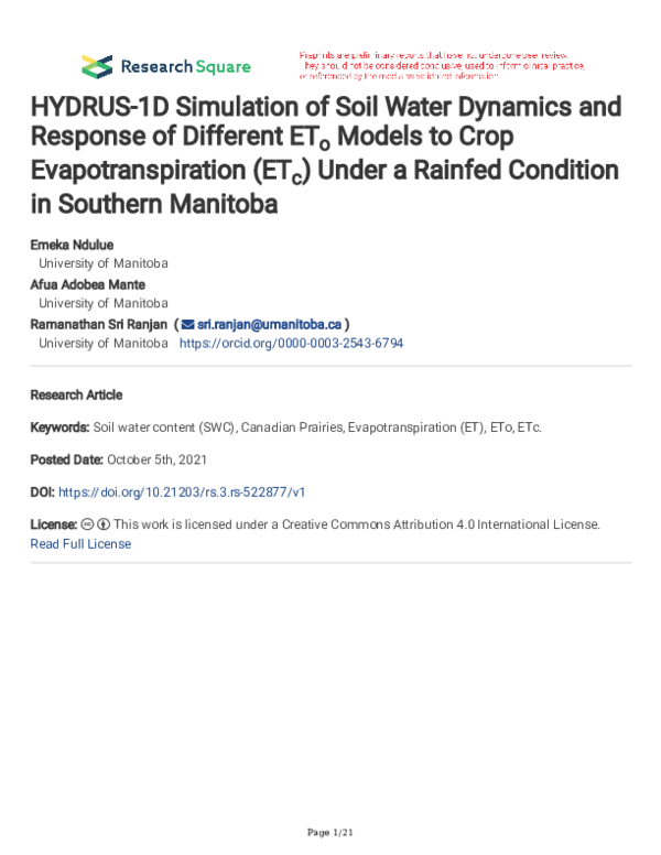 (PDF) HYDRUS-1D Simulation of Soil Water Dynamics and Response of Different ETo Models to Crop ...